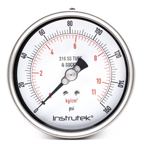 Manómetro 4", acero inoxidable, 1/2" NPT, posterior, 160 psi-kg/cm2 | Instrutek
