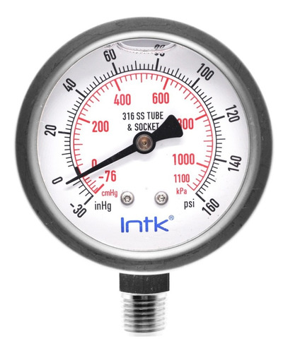 2.5” S.S. Liquid filled (O.E.M.), vacuum pressure gauge, 1/4” NPT, bottom connection, 30 Vac ...